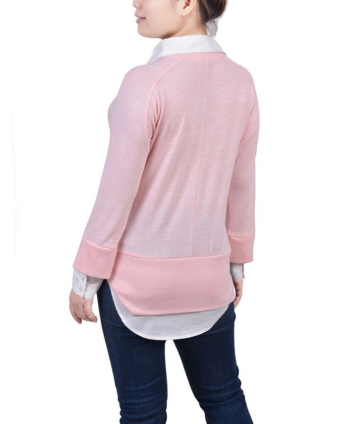 NY Collection Petite Long Sleeve Two-Fer Top - Macy's