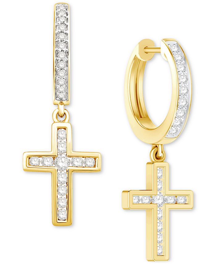 Macy's Diamond Dangle Cross Hoop Earrings (1/2 ct. tw.) in 14k Yellow ...