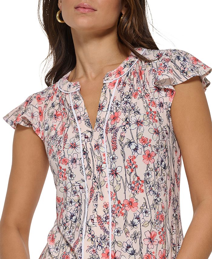 Tommy Hilfiger Women's Split-Neck Floral Ruffle Top - Macy's