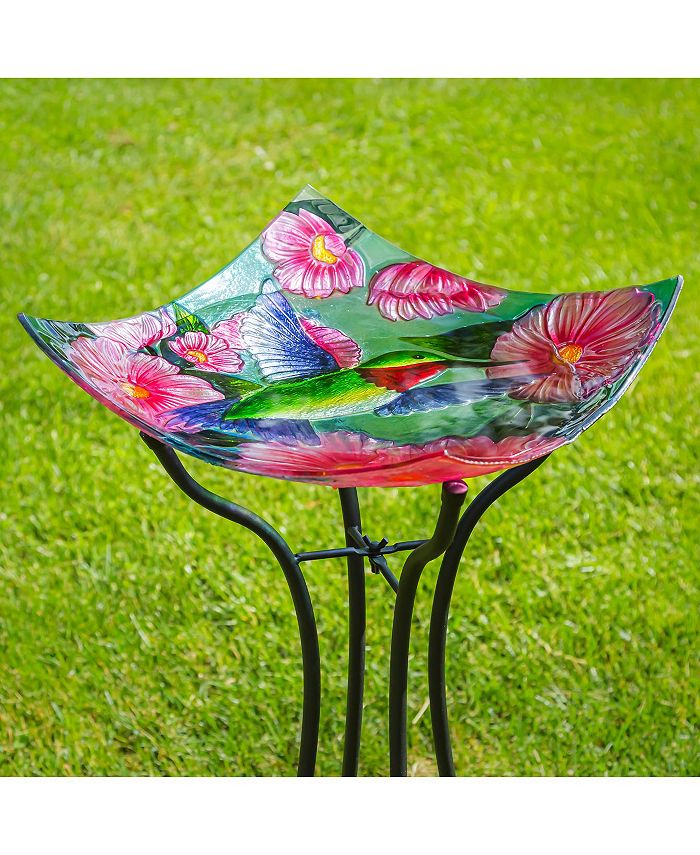 Evergreen 16.5" Hand Painted and Embossed Square Bird Bath, Hummingbird ...