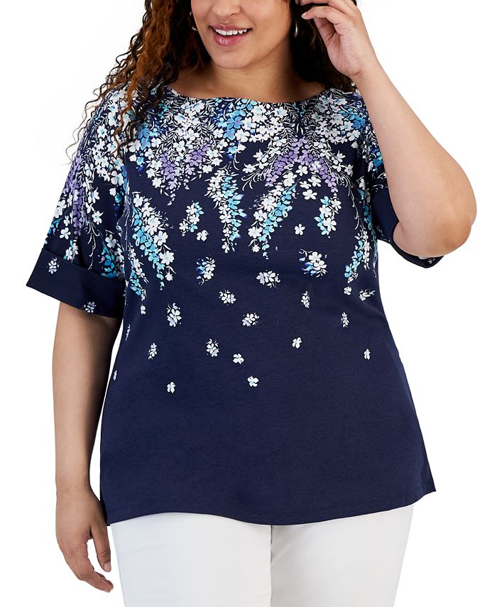 Karen Scott Plus Size Snapdragon Boatneck Top, Created for Macy's - Macy's