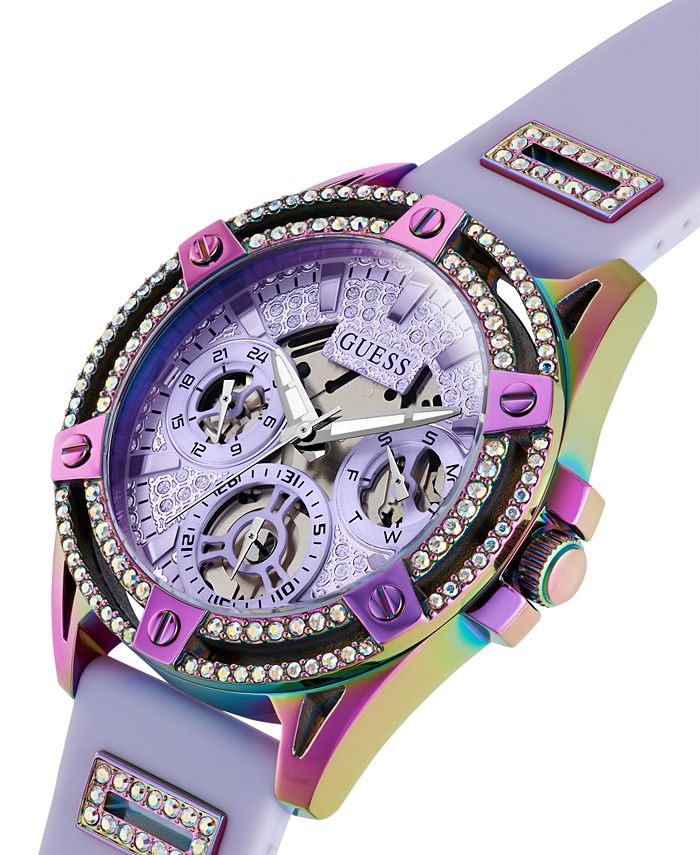 GUESS Women's Purple Glitz Silicone Multi-Function Strap Watch, 40mm ...