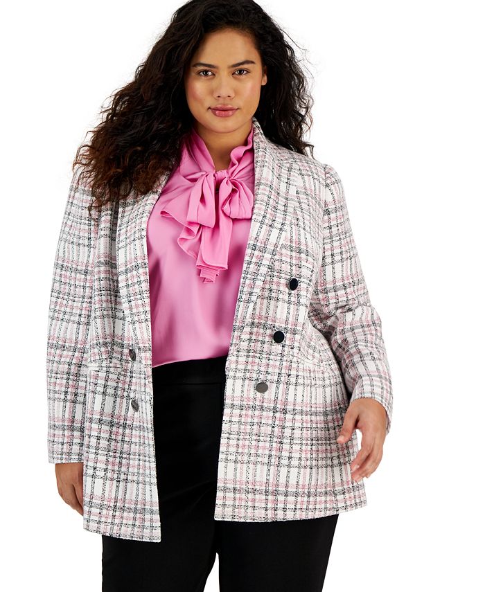 Bar III Plus Size Plaid Open-Front Button-Detail Blazer, Created for ...