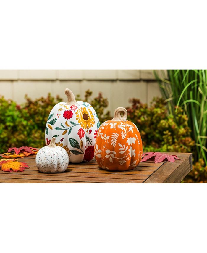Evergreen Set of 3 Printed Ceramic Pumpkins, Autumn Blooms - Macy's