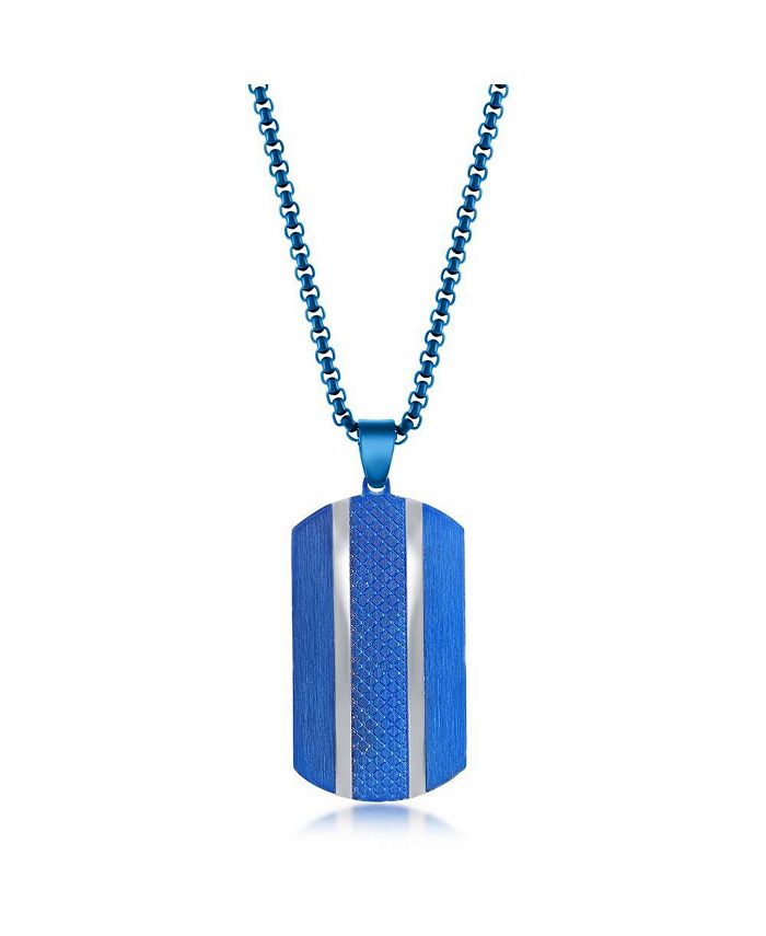Metallo Mens Stainless Steel Blue Textured Silver Double Lined Dog Tag ...