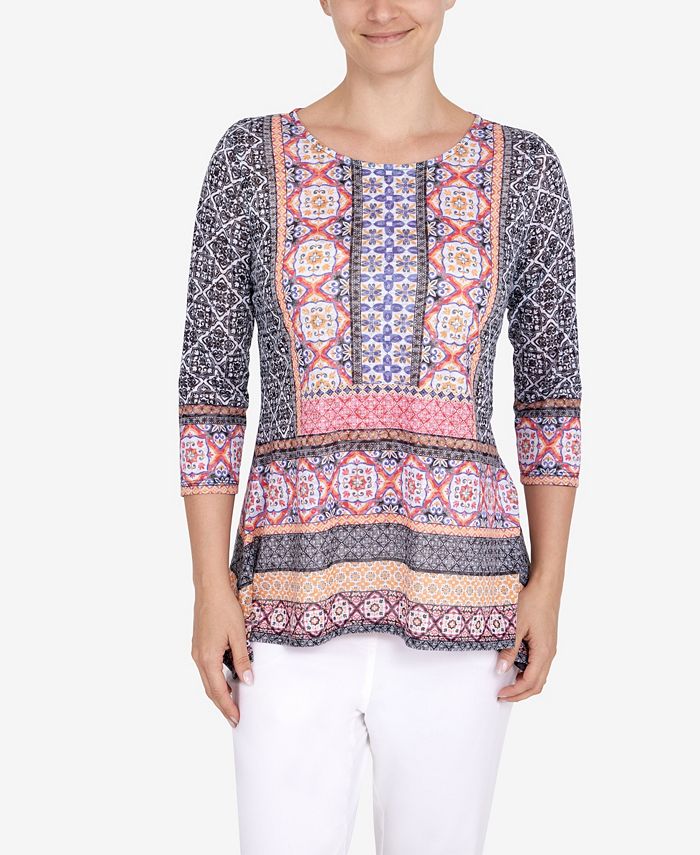 Ruby Rd. Petite Knit Santorini Patchwork Print Top - Macy's
