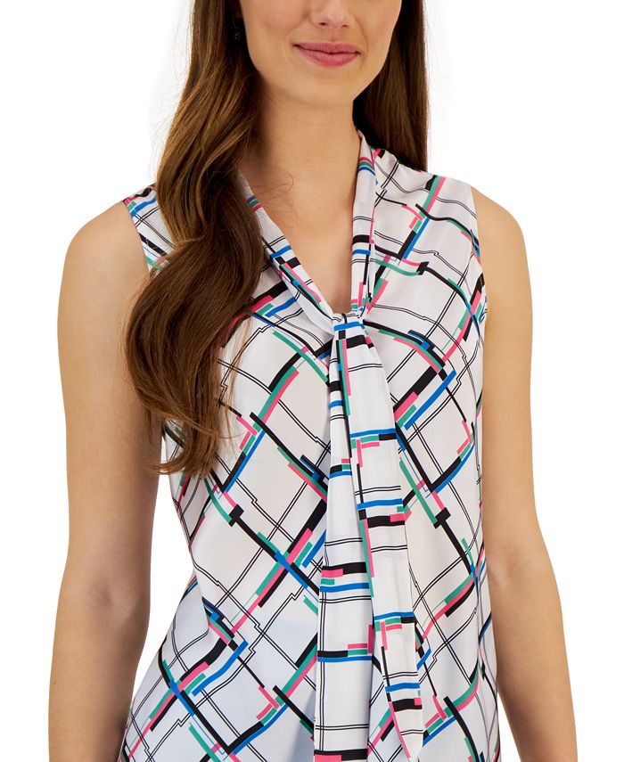 Kasper Petite Plaid Sleeveless Tie-Neck Top - Macy's
