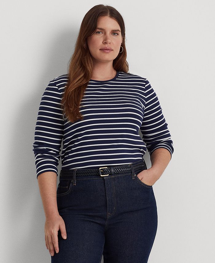 Lauren Ralph Lauren Plus Size Striped Long Sleeve T-Shirt - Macy's