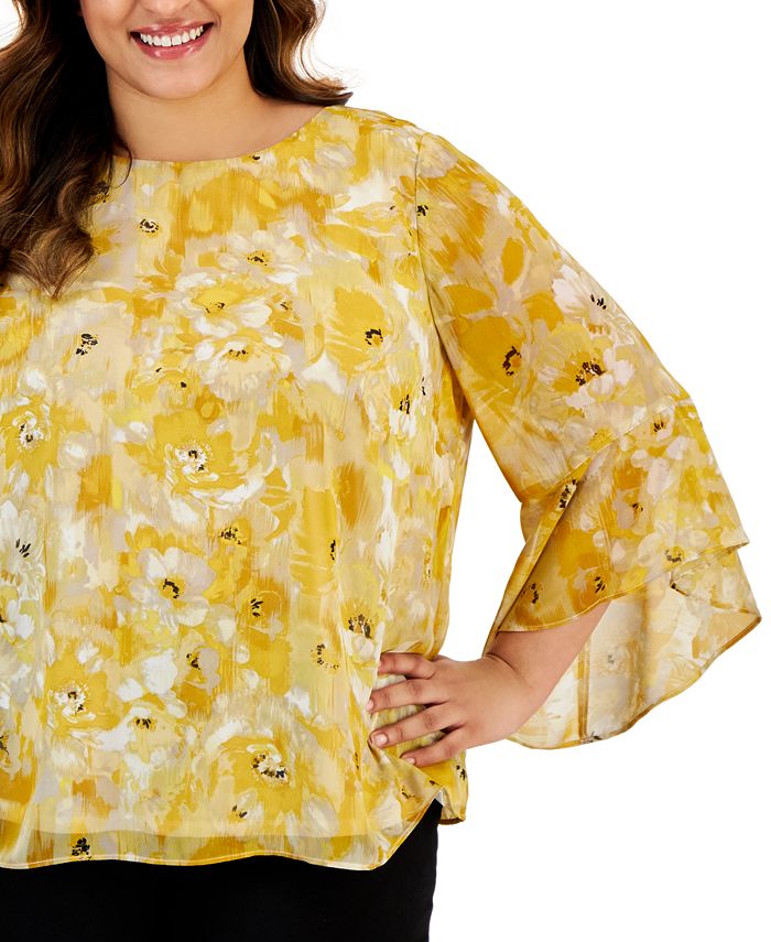 Kasper Plus Size Floral-Print Ruffle-3/4-Sleeve Top & Reviews - Tops ...