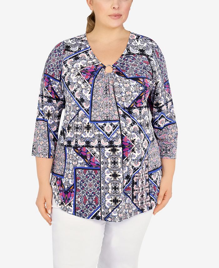 Ruby Rd. Plus Size Knit Folk Patchwork Puff Print Top - Macy's