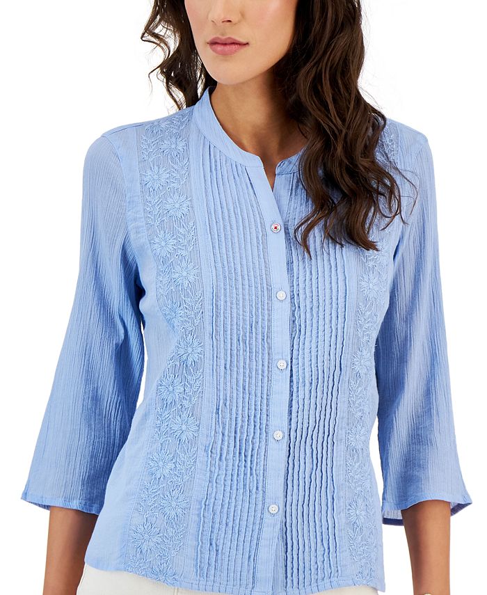 Tommy Hilfiger Women's Cotton Pintuck Embroidered Blouse - Macy's