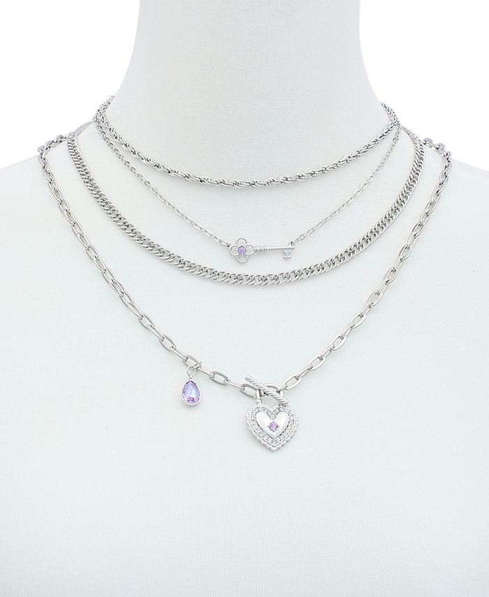 GUESS Silver-Tone 4-Pc. Set Color Crystal Key & Heart Lock Necklaces ...