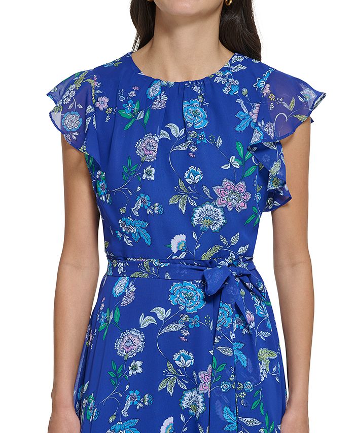 Jessica Howard Petite Floral-Print Flutter-Sleeve Tie-Waist Fit & Flare ...