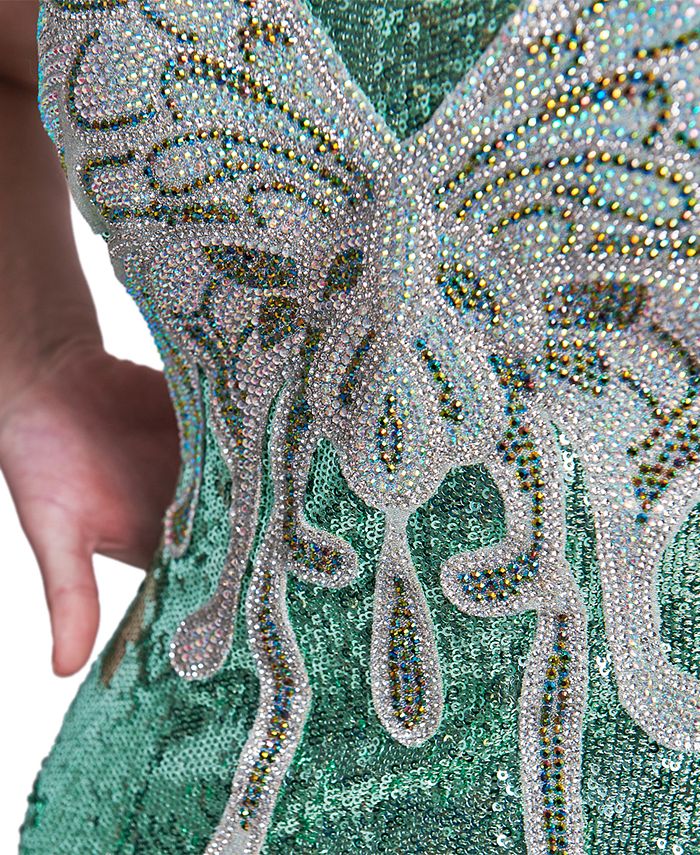 Dear Moon Juniors' Sage V-Neck Lace-Up-Back Sequin Gown - Macy's