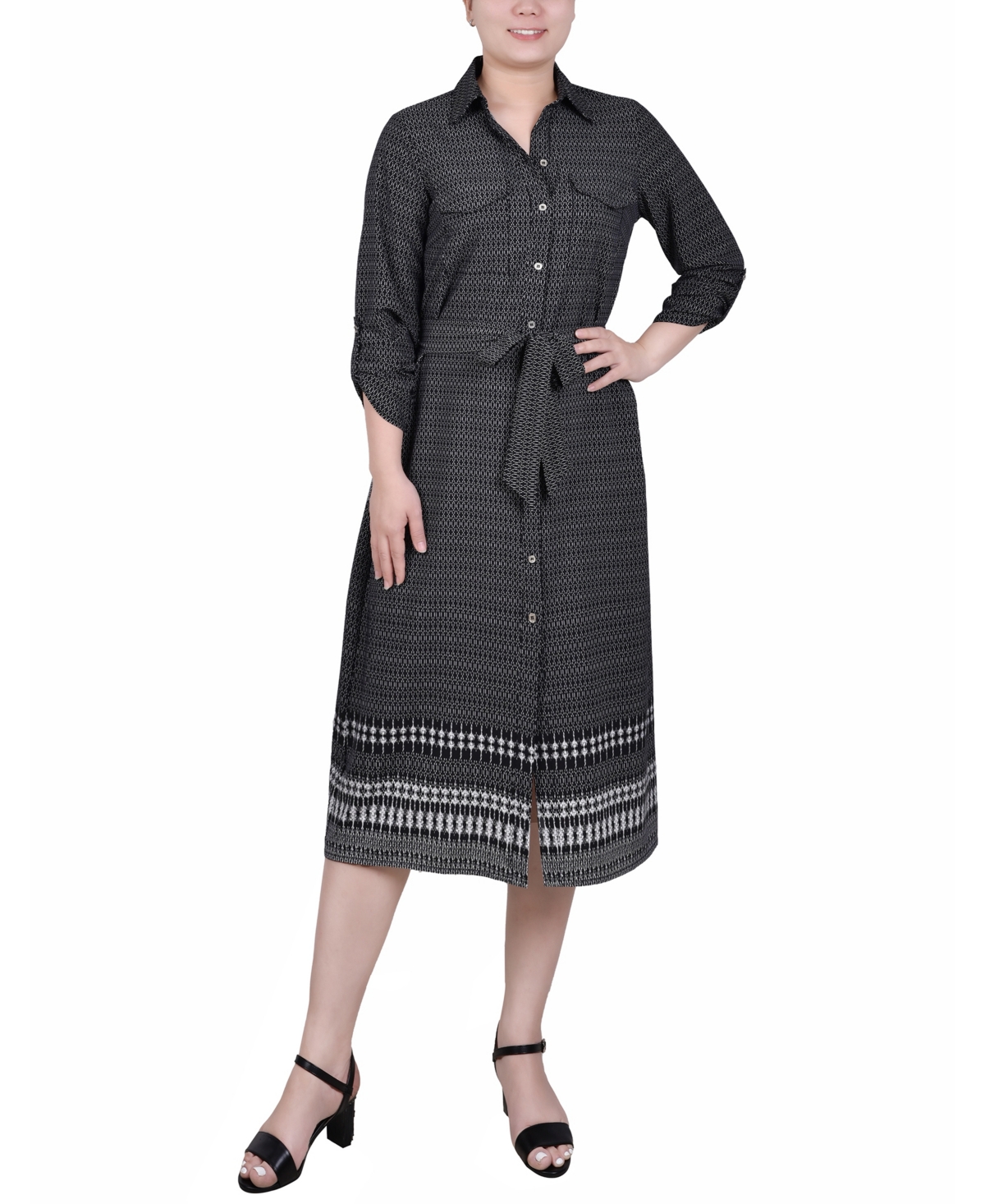 Click here for Ny Collection Petite 3/4 Roll Tab Sleeve Belted Sh... prices
