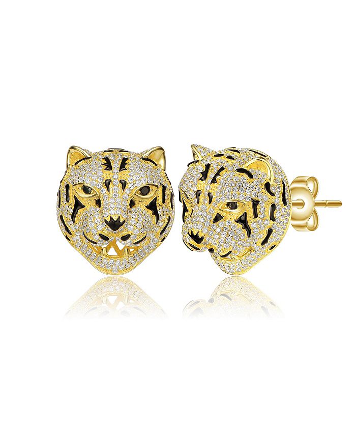 Genevive 14k Yellow Gold Plated with Cubic Zirconia Leopard Head Stud Earrings in Sterling ...