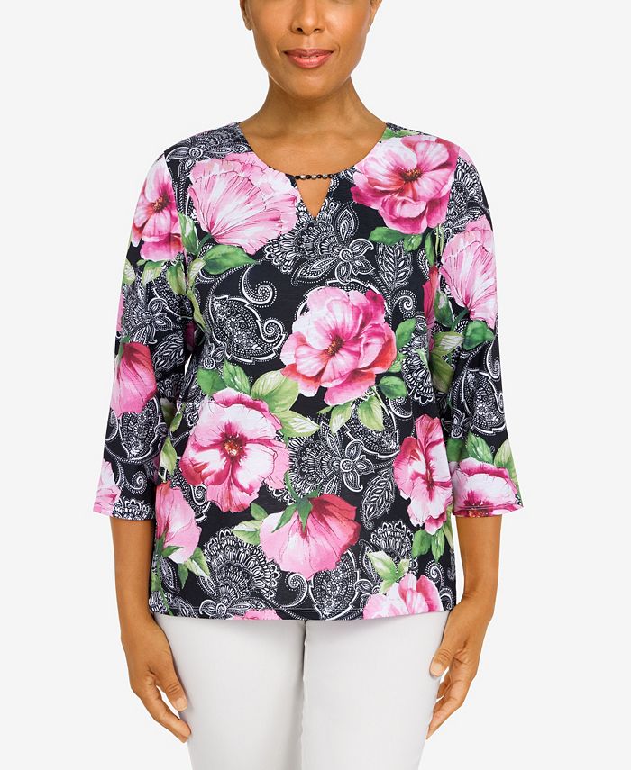 Alfred Dunner Women's Classics Split Neck Paisley Floral 3/4 Sleeve Top ...