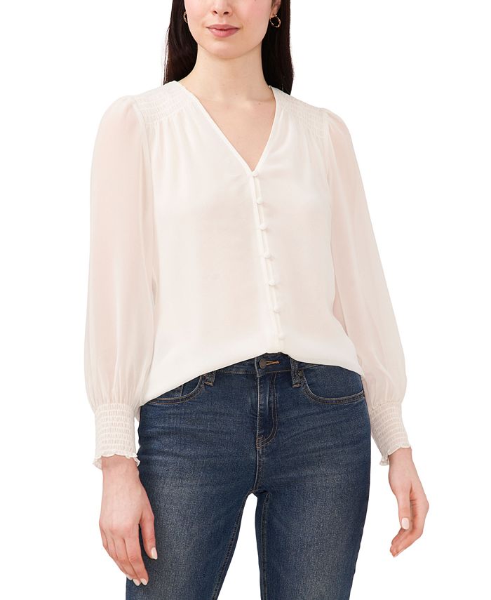 Sam & Jess Women's V-Neck Button-Front Smocked-Shoulder Top - Macy's