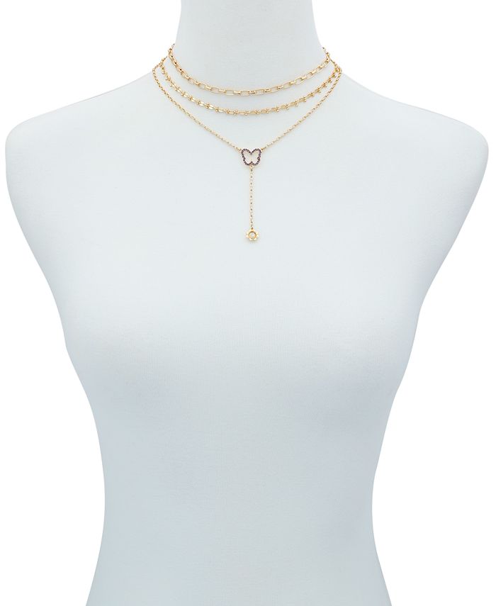 GUESS Gold-Tone 3-Pc. Set Tanzanite & Butterfly Necklaces - Macy's
