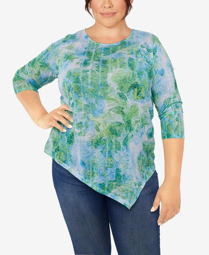 Ruby Rd. Plus Size Knit Shadow Floral Print Burnout Top - Macy's