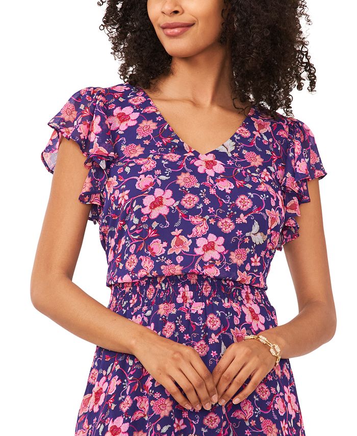 MSK Petite Floral-Print Flutter-Sleeve Midi Dress - Macy's