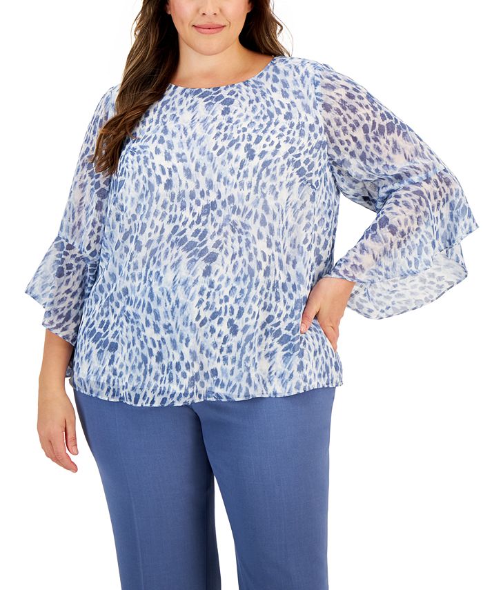 Kasper Plus Size Printed Ruffle-Sleeve Blouse - Macy's