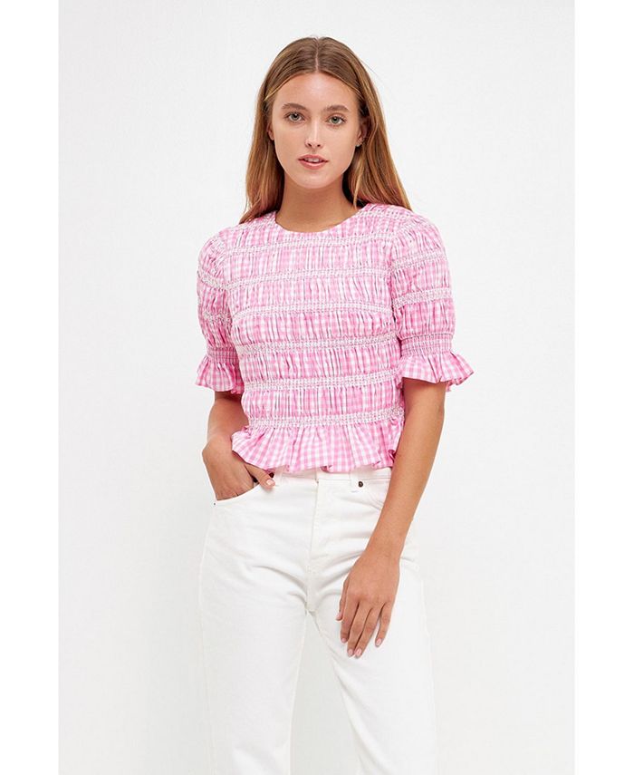 English Factory Women's Gingham Smocked Puff Sleeve Top - Macy's