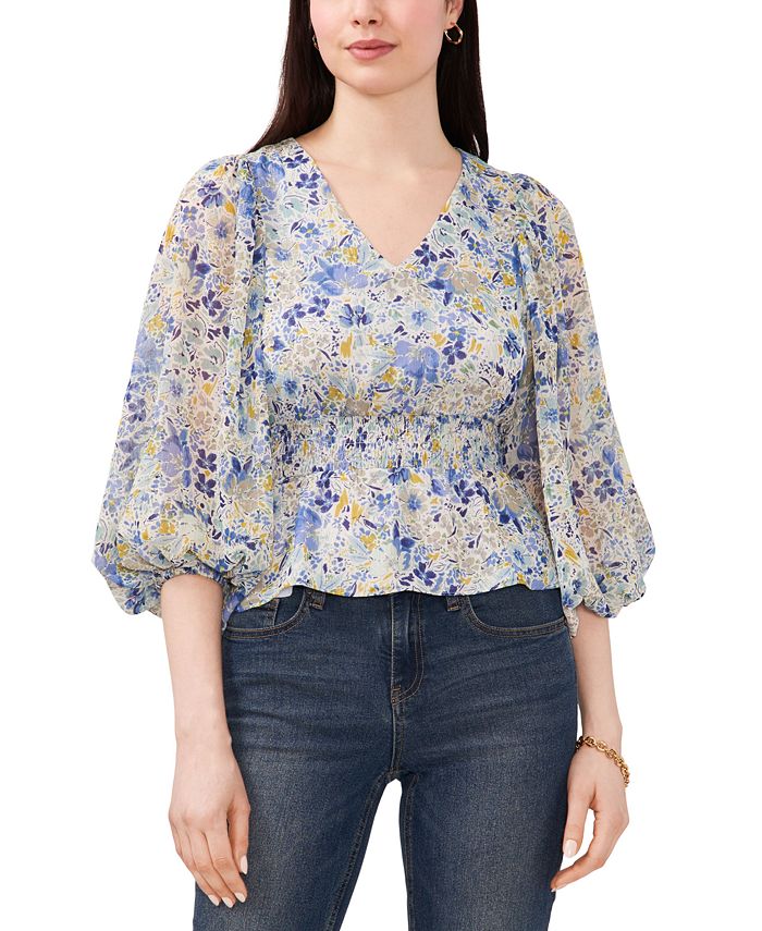 Sam & Jess Petite Floral-Print Smocked-Waist Top - Macy's