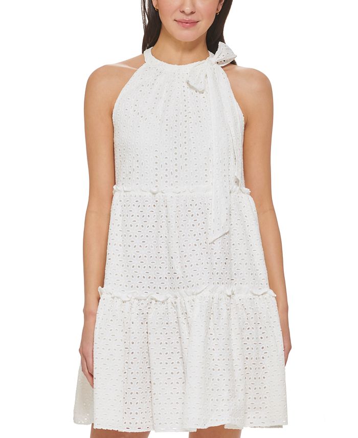 Vince Camuto Women's Eyelet Bow-Neck Eyelet Ruffled Tiered Dress - Macy's