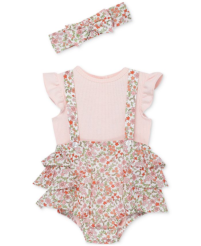 Little Me Baby Girls Sweet Floral Shortall and Headband, 3 Piece Set ...