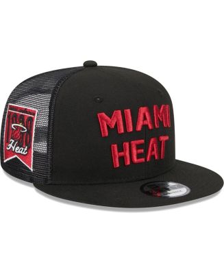 Men's New Era Black Miami Heat Stacked Script 9Fifty Trucker Snapback ...