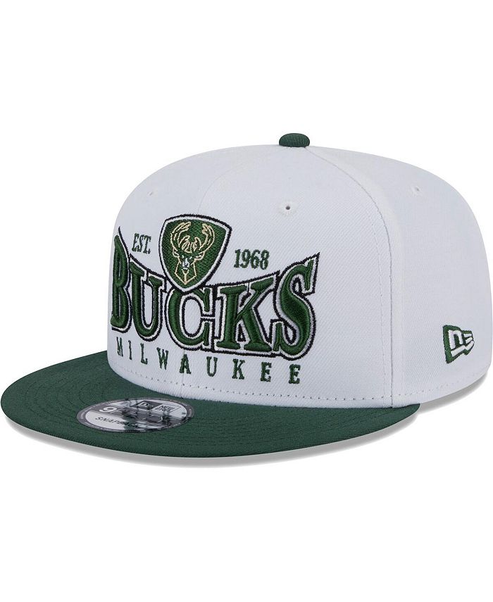 New Era Men's White, Hunter Green Milwaukee Bucks Crest Stack 9Fifty ...