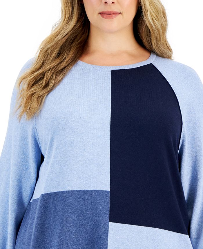 Karen Scott Plus Size Curved Hem Colorblocked Sweater, Created for Macy ...