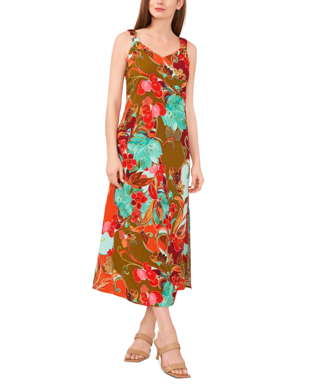 Sam & Jess Petite Ruched-strap Floral Maxi Dress In Green Multi | ModeSens