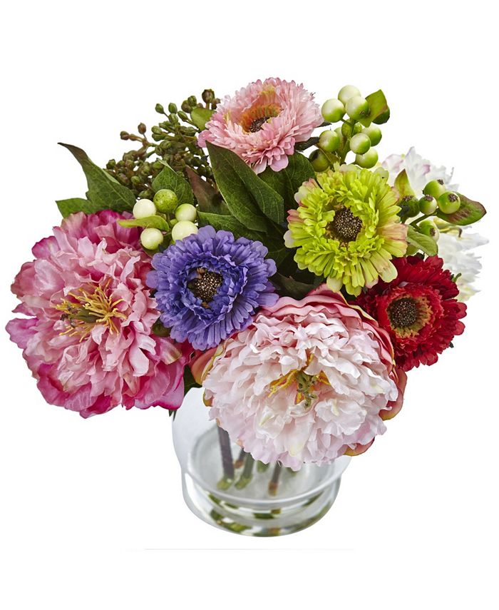 Nearly Natural Peony & Mum in Glass Vase - Macy's