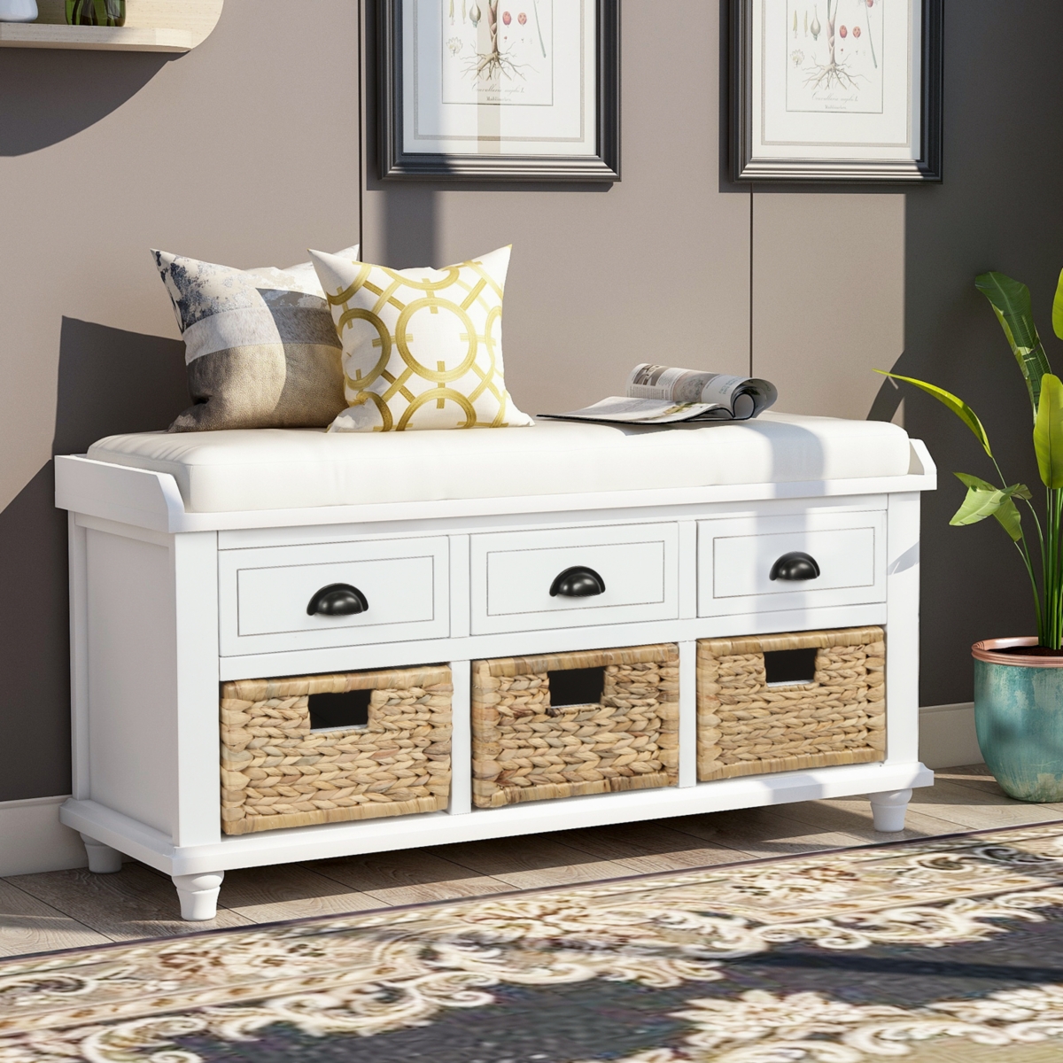 Simplie Fun Rustic Storage Bench With 3 Drawers And 3 Rattan Baskets ...