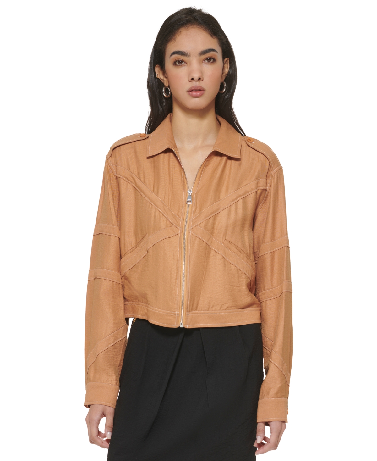 Dkny Women's Zip-front Long-sleeve Crinkle Dressing Jacket In Brown ...