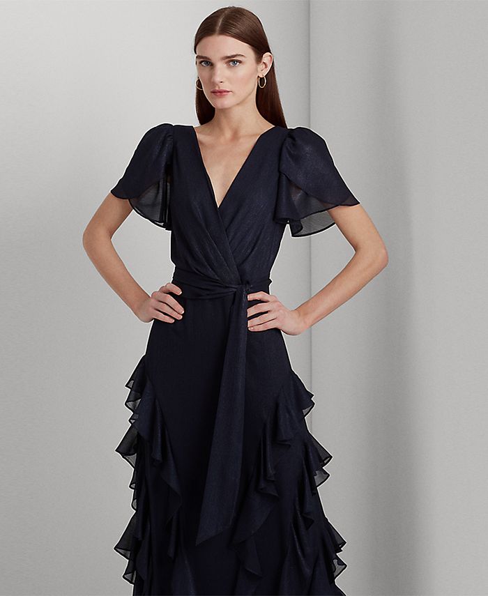 Lauren Ralph Lauren Women's Ruffle-Trim Metallic Chiffon Gown - Macy's