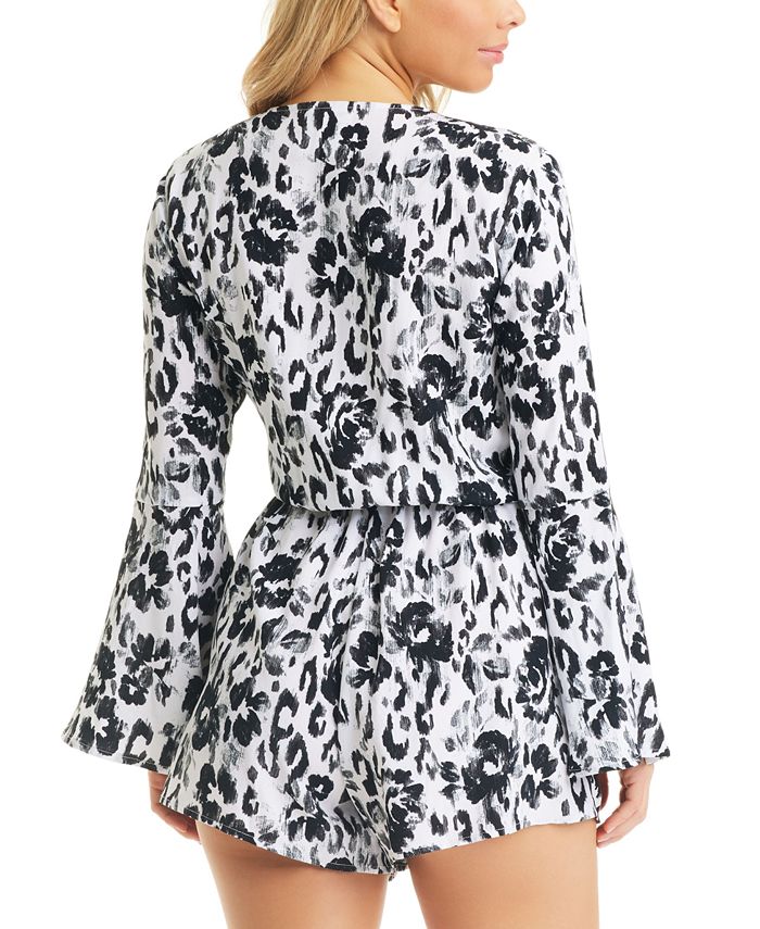 Bar III Women's Spot Garden Knot-Front Long-Sleeve Romper, Created for ...