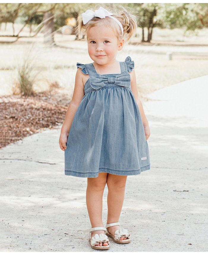 RuffleButts Toddler Girls Flutter Sleeve Front Bow Denim Dress - Macy's