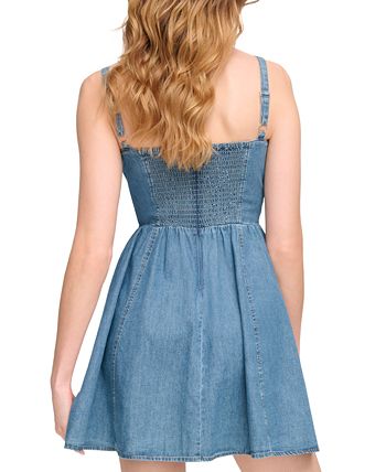 DKNY Jeans Women's Sleeveless Smocked-Back Zipper-Pocket Cotton Denim Dress - Macy's