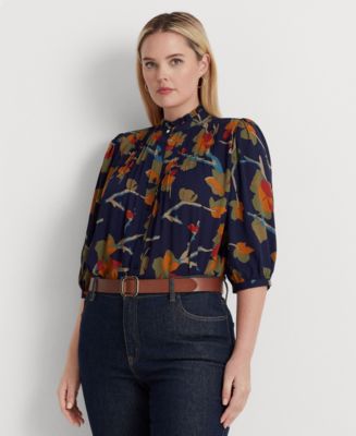Lauren Ralph Lauren Plus Size Ruffle-Trimmed Band Collar Top - Macy's