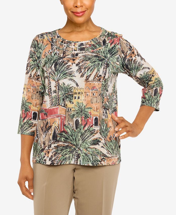 Alfred Dunner Petite Marrakech Scenic Triple Ring Split Hem Top - Macy's