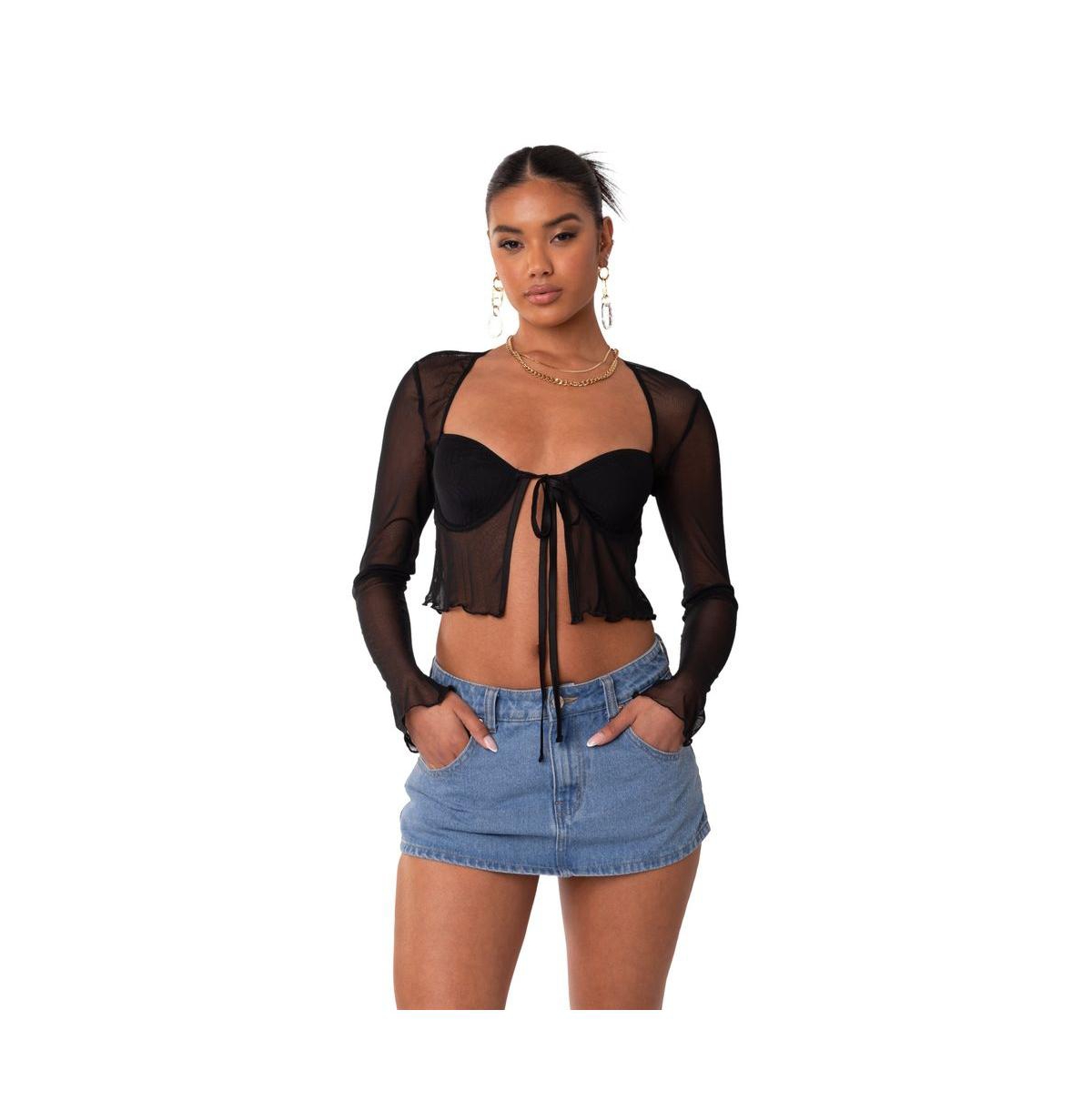 Click here for Womens Long Sleeve Mesh Top With Cups & Tie At Fro... prices