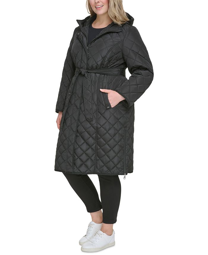 DKNY Women's Plus Size Hooded Belted Quilted Coat - Macy's