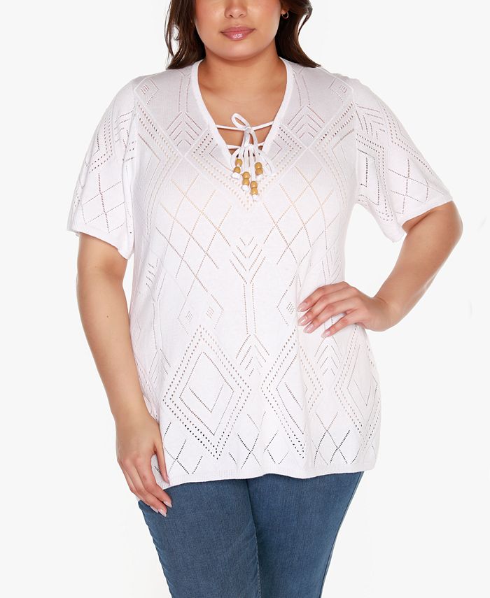 Belldini Black Label Plus Size Short Sleeve Pointelle Sweater - Macy's