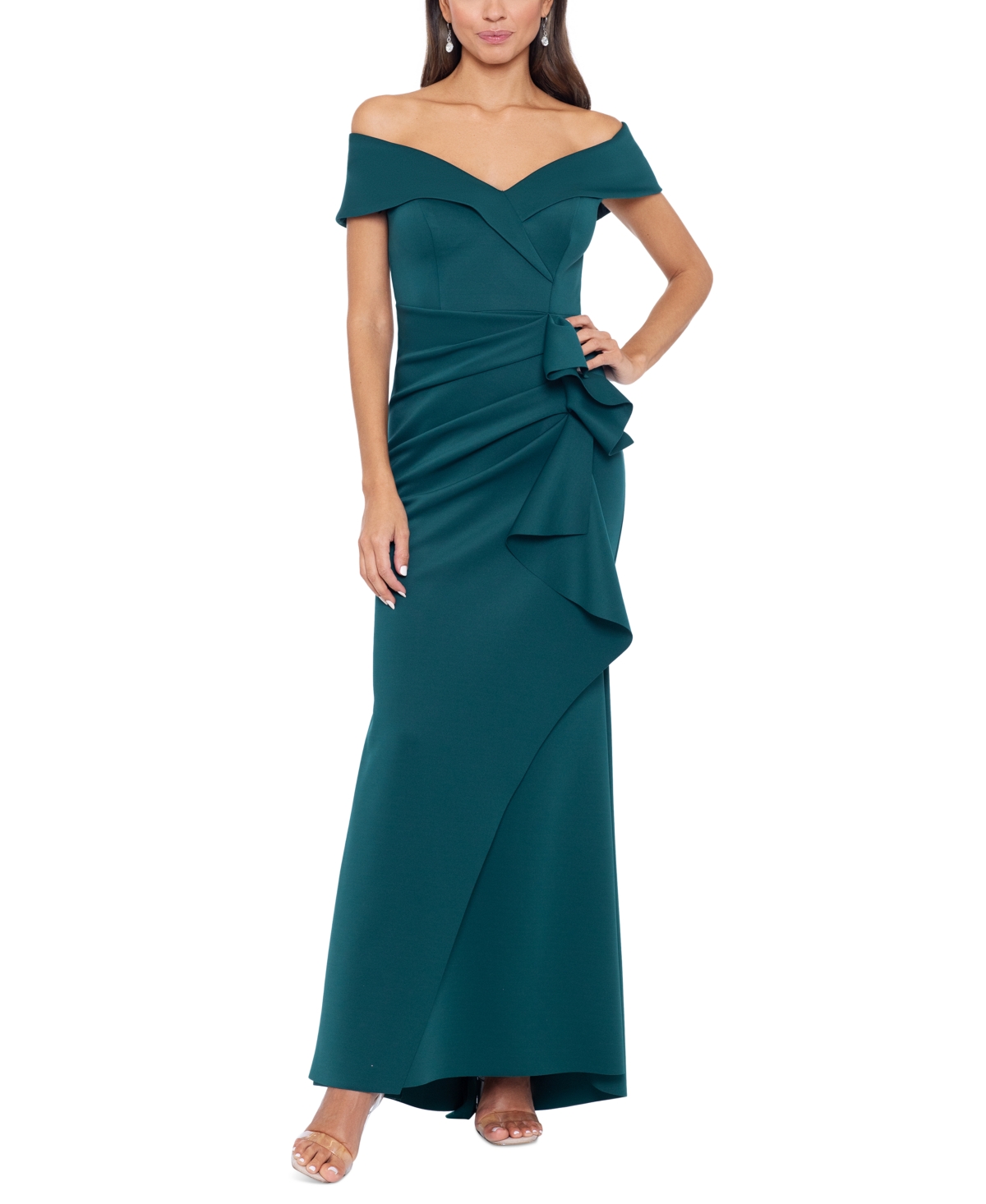 Click here for Xscape Scuba Off-The-Shoulder Gown - Hunter prices