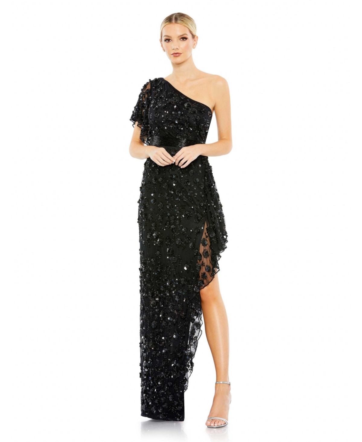 Mac Duggal Beaded Sequin One Shoulder Gown W 3d Flowers In Black
