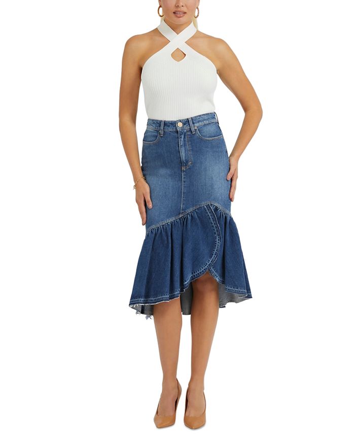 GUESS Women's Marinella Ruffled-Hem Denim Skirt - Macy's