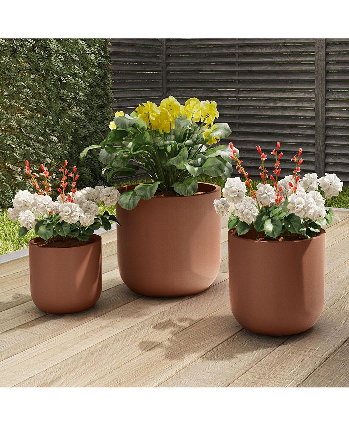 Pure Garden Fiber Clay Planters - 3-Piece Cylinder Pot Set with Drainage Holes for Potting and ...